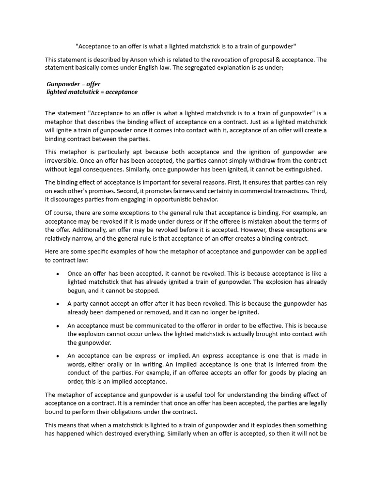 Acceptance in Contract Law Explained | PDF | Offer And Acceptance | Law ...