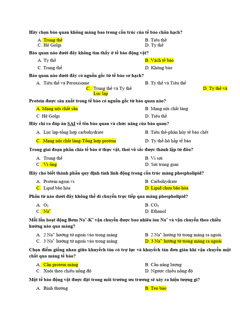 Cau Hoi Tham Khao - Trac Nghiem - Sinh Dai Cuong | PDF