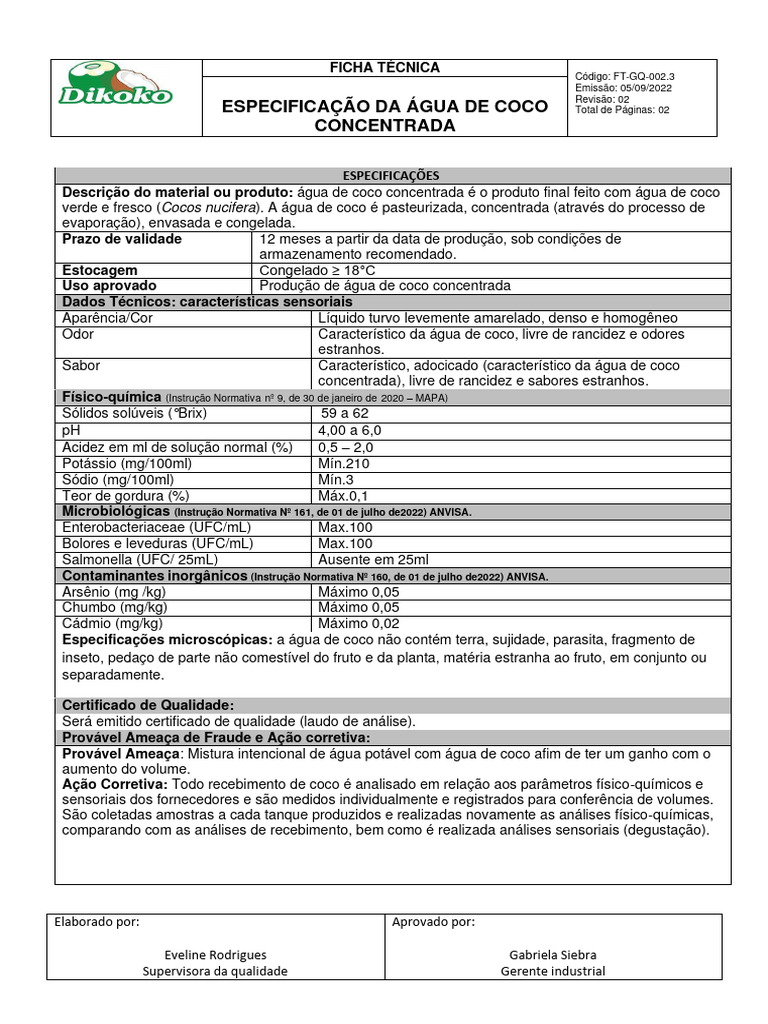 Ficha Técnica - Água de Coco Concentrada | PDF | Ciências Físicas | Química
