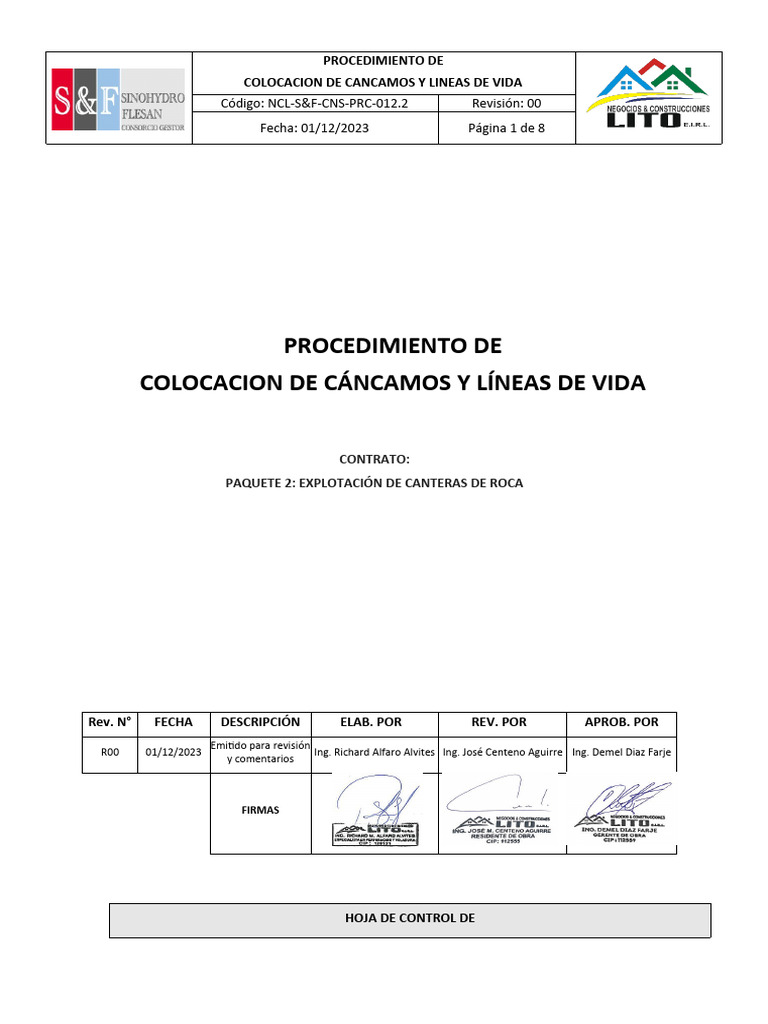 12.2 NCL-S&F-CNS-PRC-0010 - R00 Colocación de Cancamos y Líneas de Anclaje | PDF | Tecnología