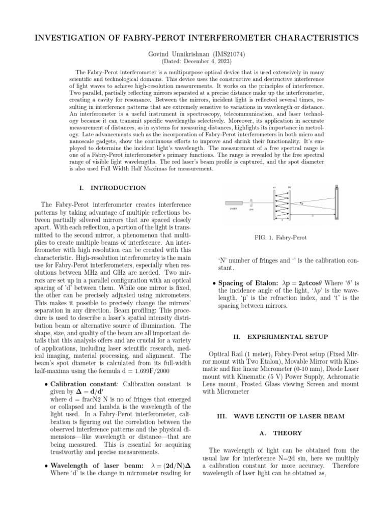 Fabry Perot Interferometer Govind | PDF | Interferometry | Wavelength