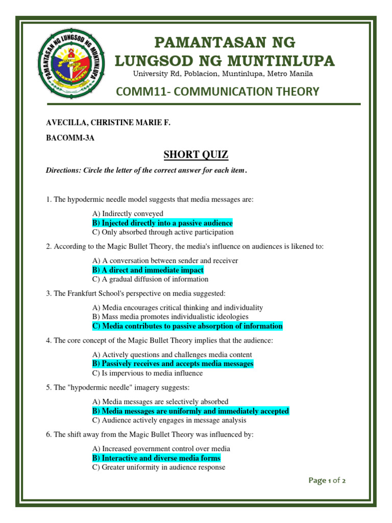 Avecilla - Media Bullet Theory (QUIZ) | PDF | Communication | Psychological Concepts