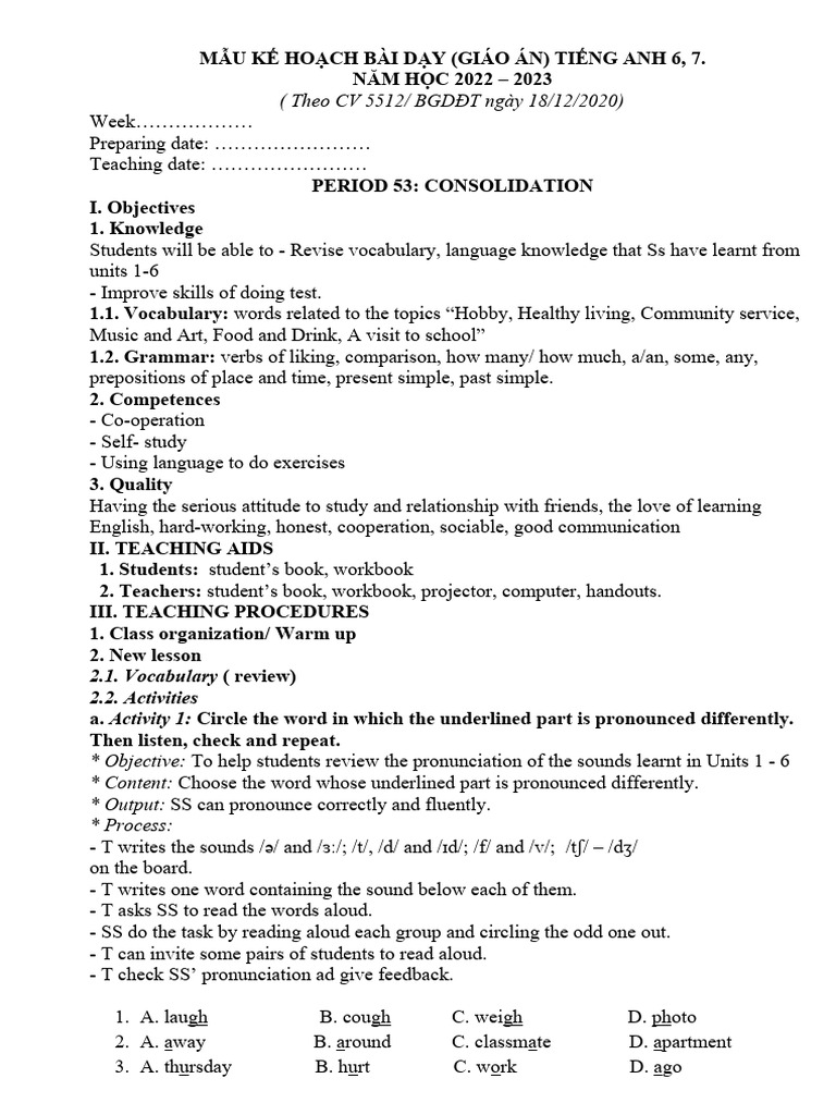 Consolidation Lesson Plan for English 6-7 | PDF | English Language ...