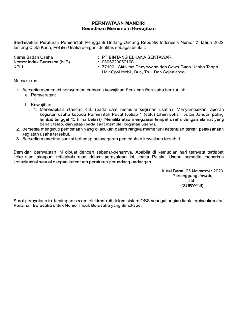 Pernyataan Mandiri k3L BINTANG ELKANA | PDF