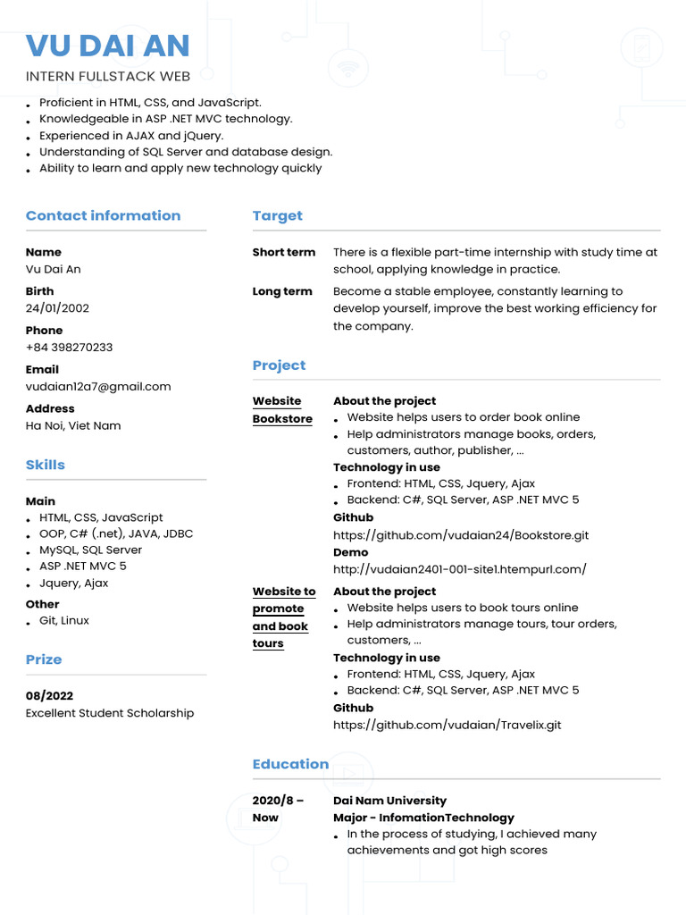 CV - Vu - Dai - An - Intern Fullstack Web | PDF | J Query | Ajax (Programming)