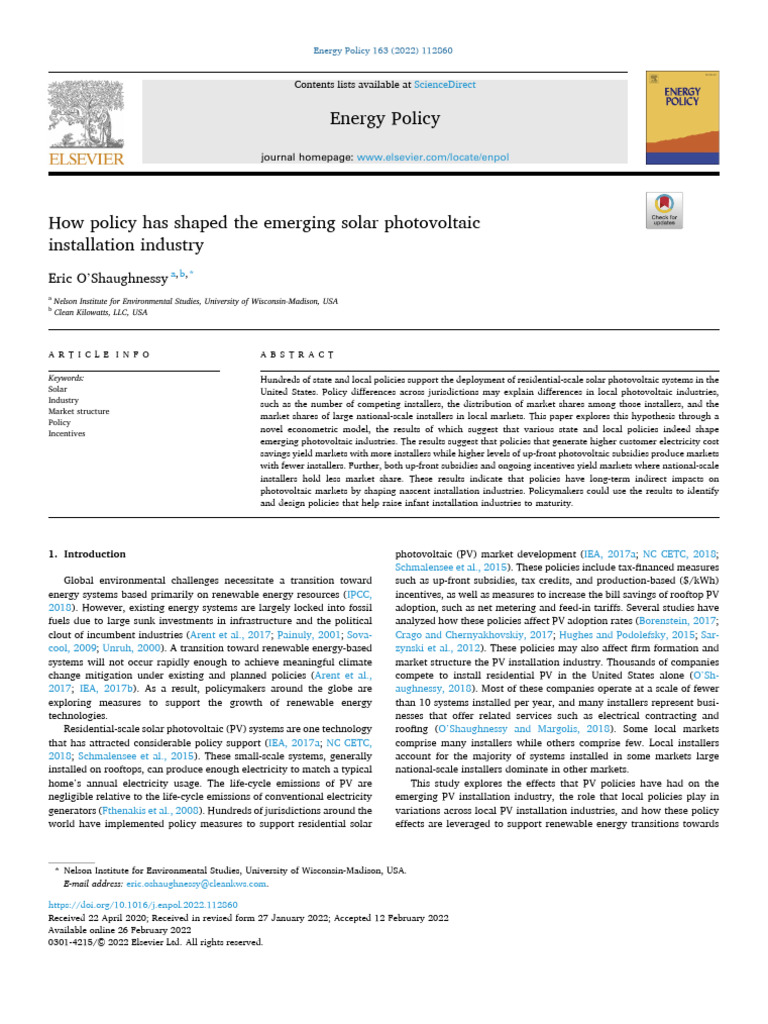 How Policy Has Shaped The Emerging Solar PV | PDF | Photovoltaics | Photovoltaic System
