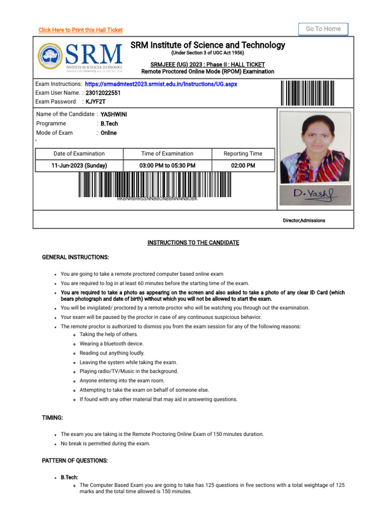 SRM 2023 Online Examination Slot Selection | PDF