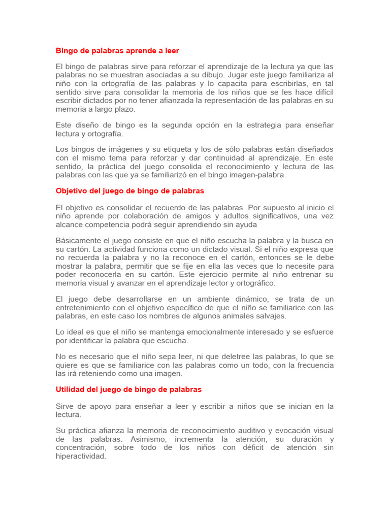 Bingo de Palabras para Aprender a Leer | PDF | Memoria | Aprendizaje