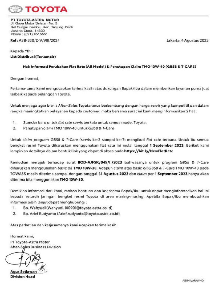 Surat Informasi Perubahan Flat Rate 2023 & Penutupan Claim TMO 10w-40 (1) ... | PDF