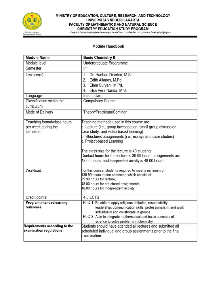 Module Handbook - Basic Chemistry II | PDF | Chemical Equilibrium | Chemical Kinetics