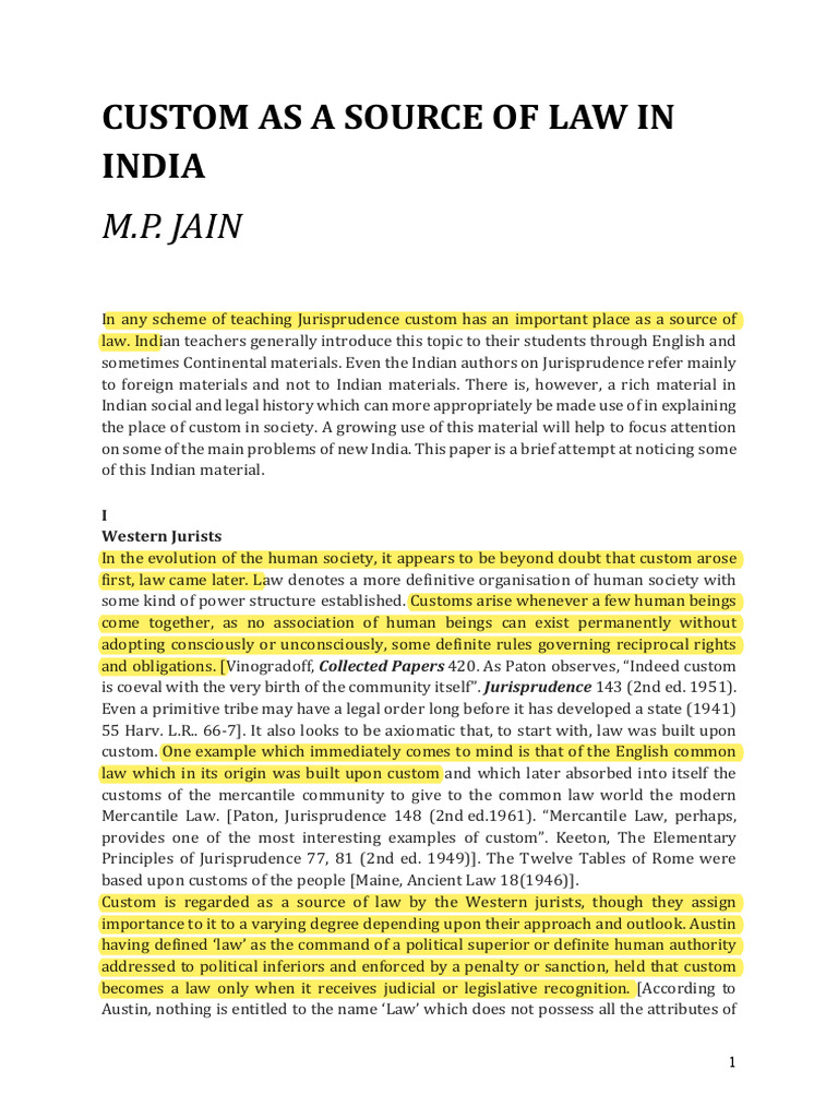 Custom As A Source of Law - MP Singh-2 | PDF | Sharia | Justice