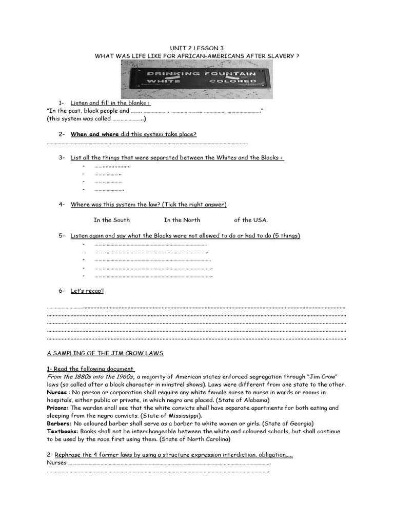 Lesson 3 LISTENING SEGREGATION and Jim Crow Laws | PDF | Politics And ...