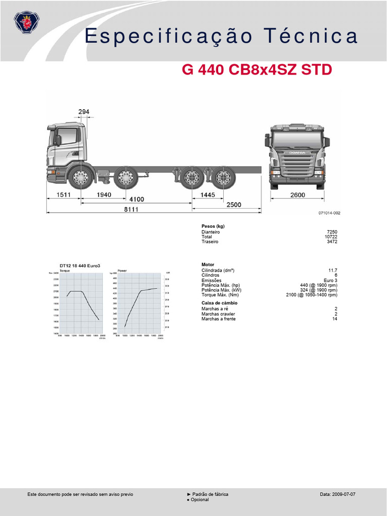 ESPECIFICAÇÃO TECNICA - Scania G440 CB 8x4 | PDF | Eixo | Farol