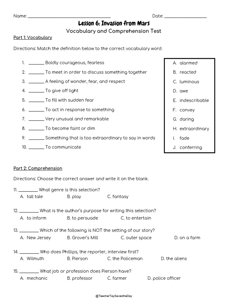 4th Grade Journeys Lesson 6 Invasion From Mars Vocabularyand ...