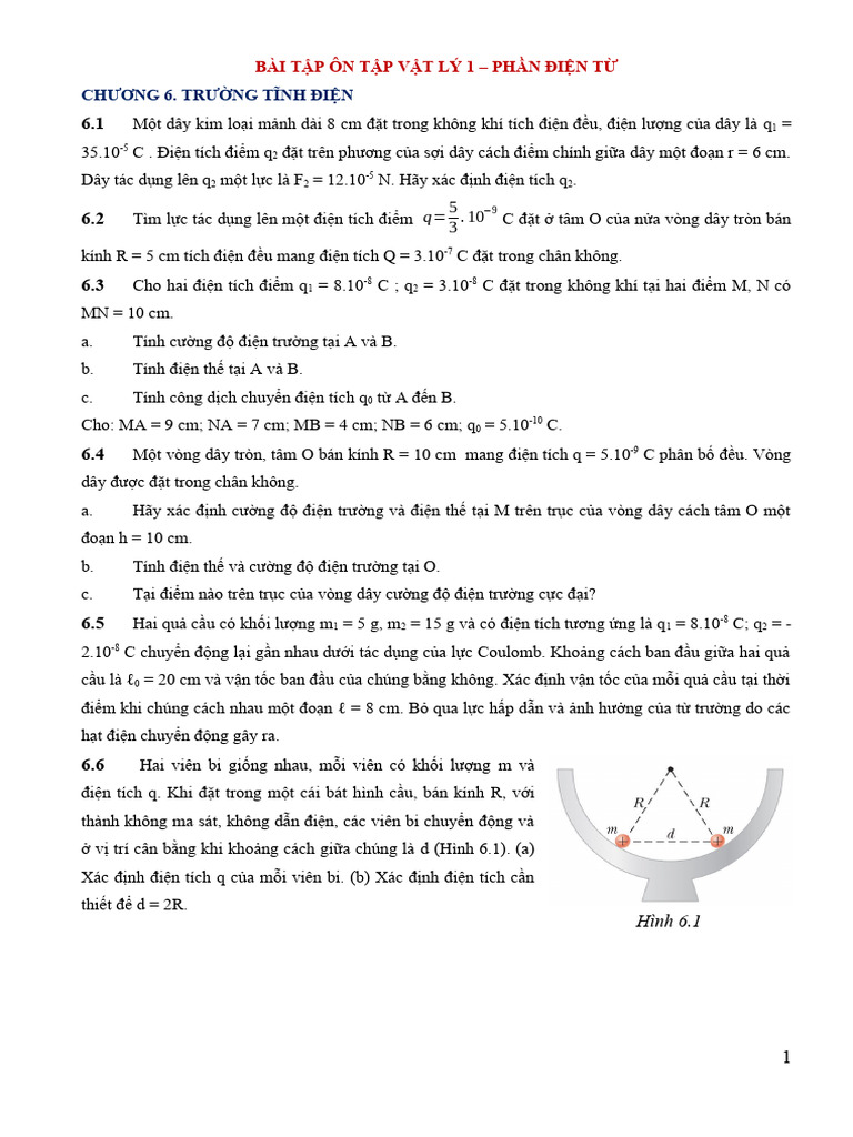 BÀI TẬP ÔN TẬP VẬT LÝ 1 - ĐIỆN TỪ - VL1.11.2022 | PDF