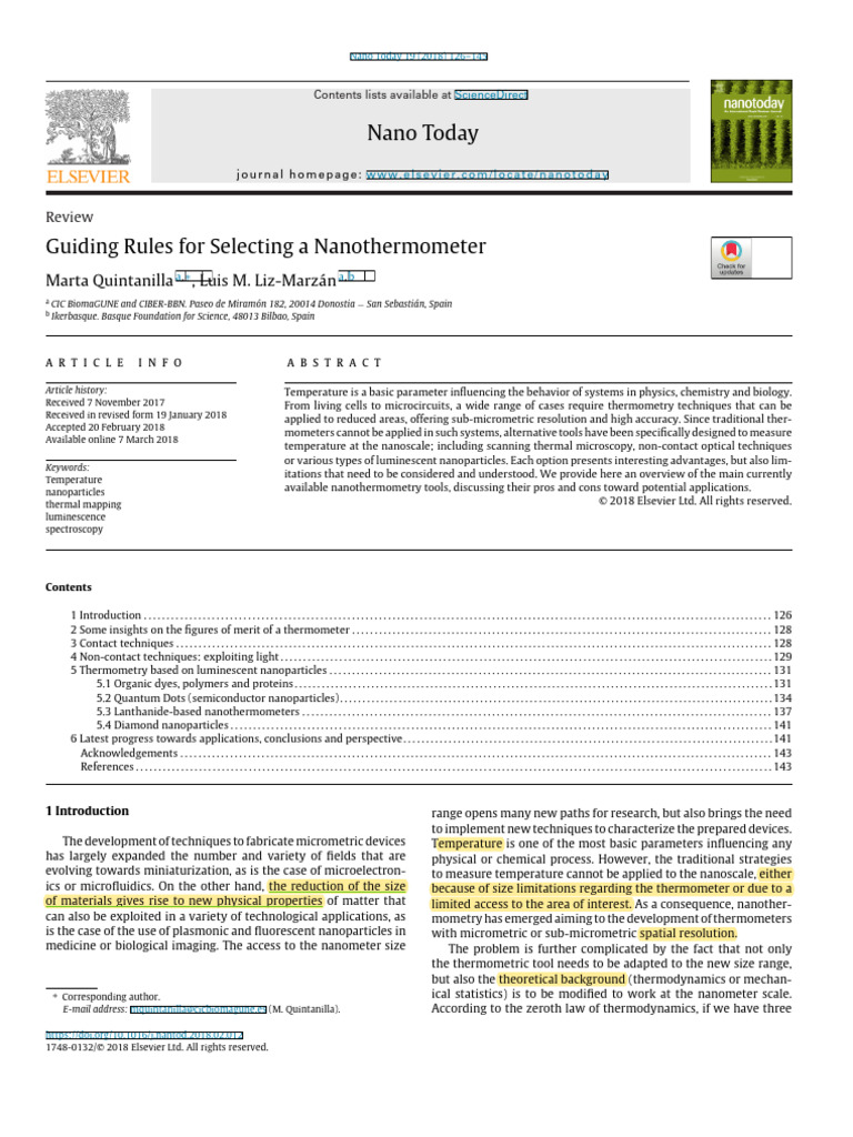 2018 - Quintanilla - NanoToday - Guiding Rules For Selecting A Nanothermometer | PDF ...