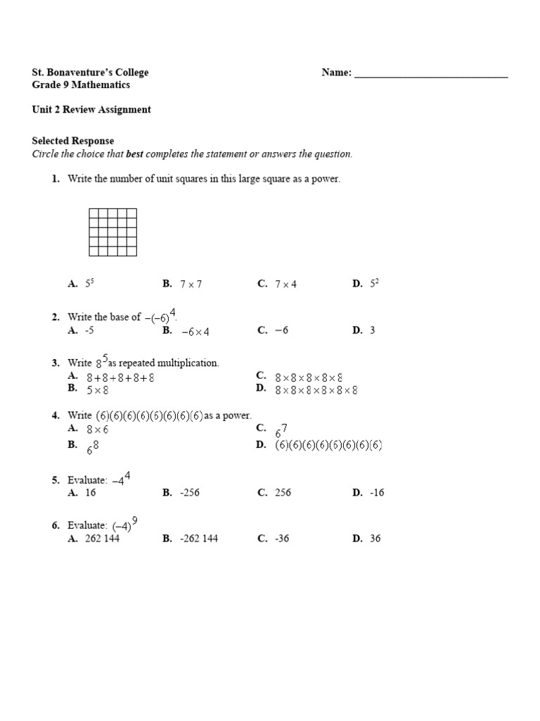 Grade 9 Math Unit 2 Review Assignment | PDF | Applied Mathematics ...