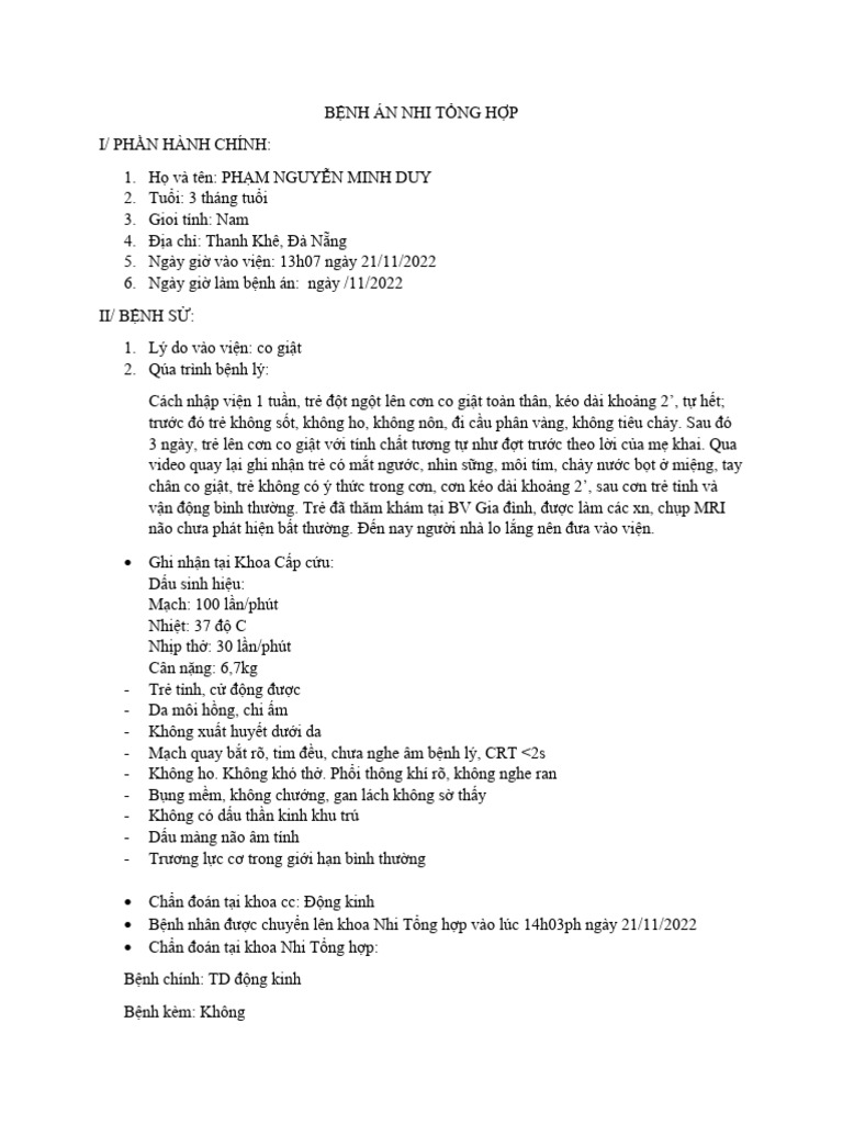 BỆNH ÁN NHI TỔNG HỢP Sốt co giật | PDF