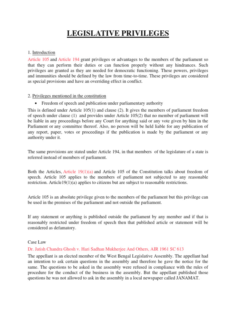 Legislative Privileges - Notes | PDF | Justice | Crime & Violence