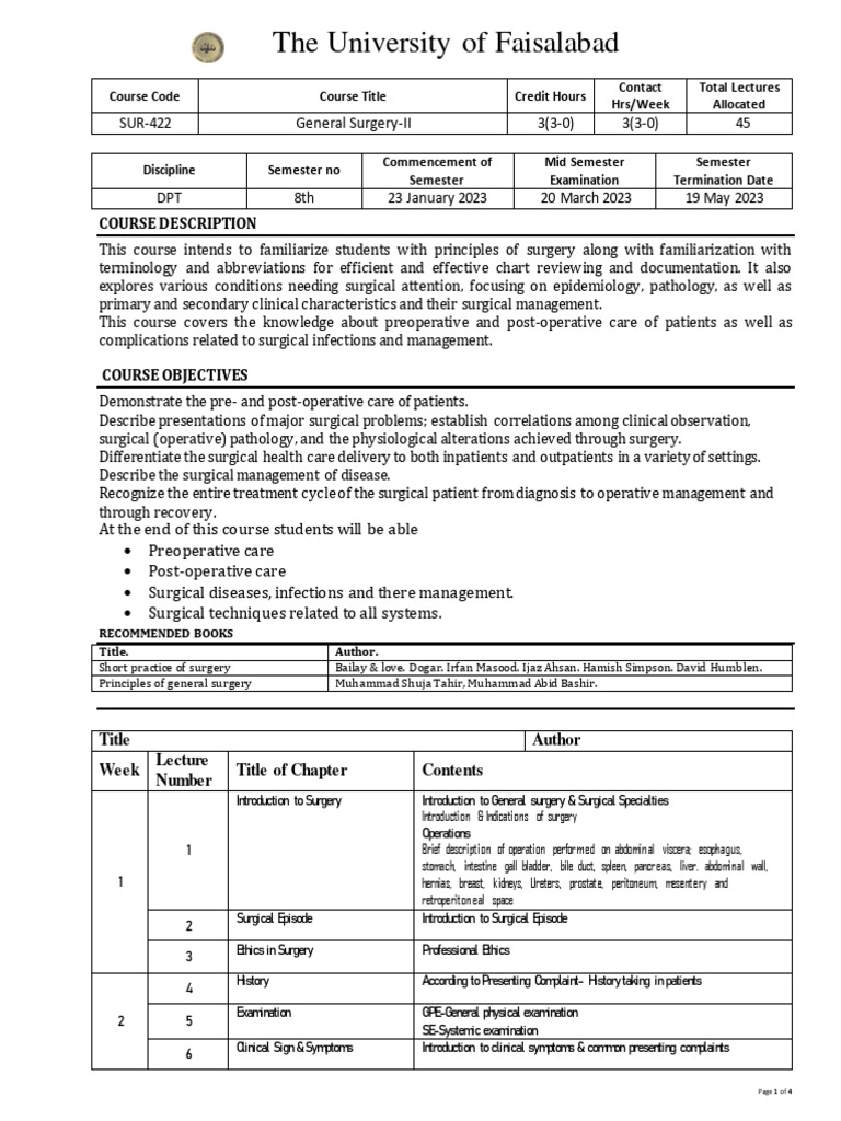 Course outline | PDF | Surgery | Anesthesia