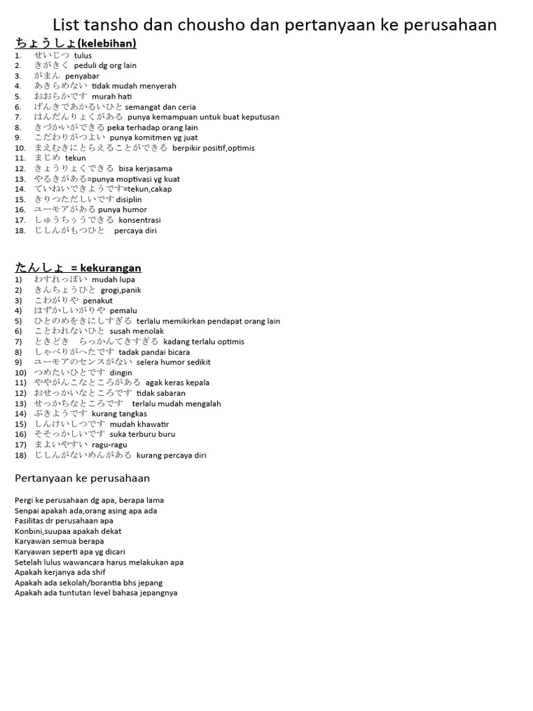 List tansho dan chousho dan pertanyaan ke perusaha | PDF