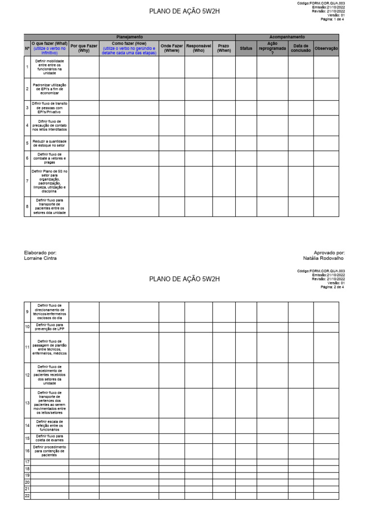 Form - Cor.qua.003 - Plano de Ação 5W2H 3 Andar | PDF