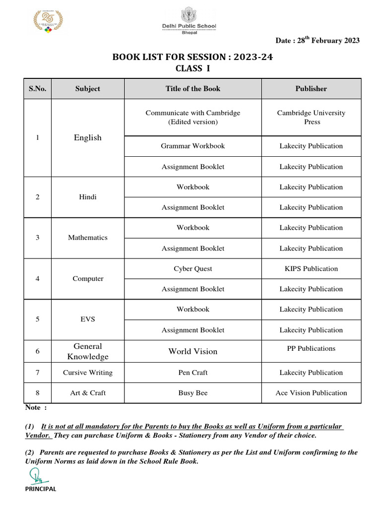 DPS Bhopal Book List 2023 24 Classes 1 To 12 Final | PDF | Accounting ...