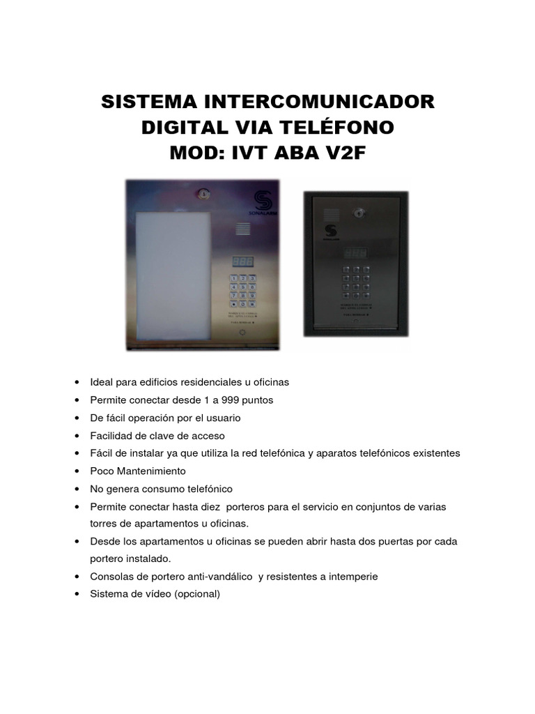 Sistema Intercomunicador Digital Via Teléfono Mod: Ivt Aba V2F | PDF ...