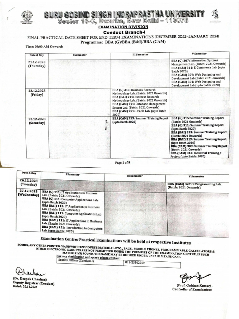 BBA End Term Exam Final Datesheet | PDF