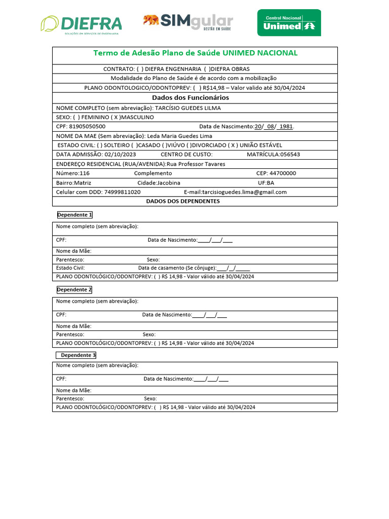 Unimed - Formulário de Inclusão NACIONAL | PDF