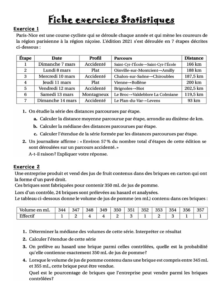 Fiche Exercices Statistiques Brevet | PDF | Teaching Methods & Materials