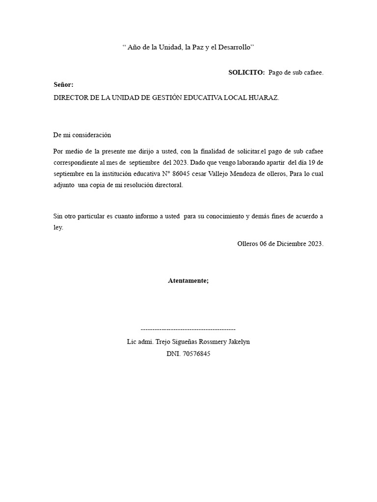 Solicitud Pago Sub CAFAEE Septiembre 2023 | PDF