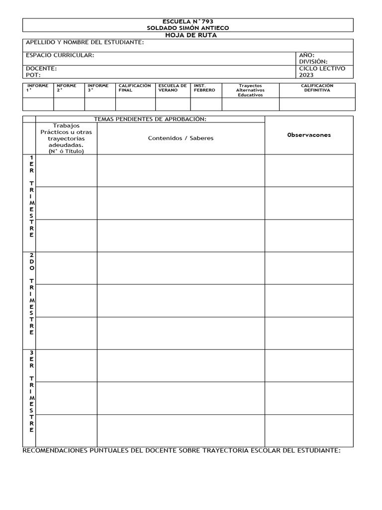 Formulario de Hoja de Ruta Ciclo Lectivo 2023 | PDF
