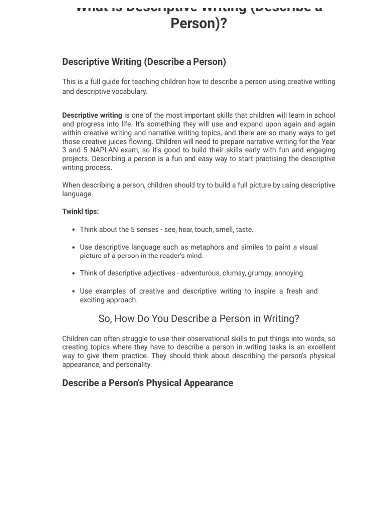 Descriptive Writing - Describe A Person - Primary Resources | PDF