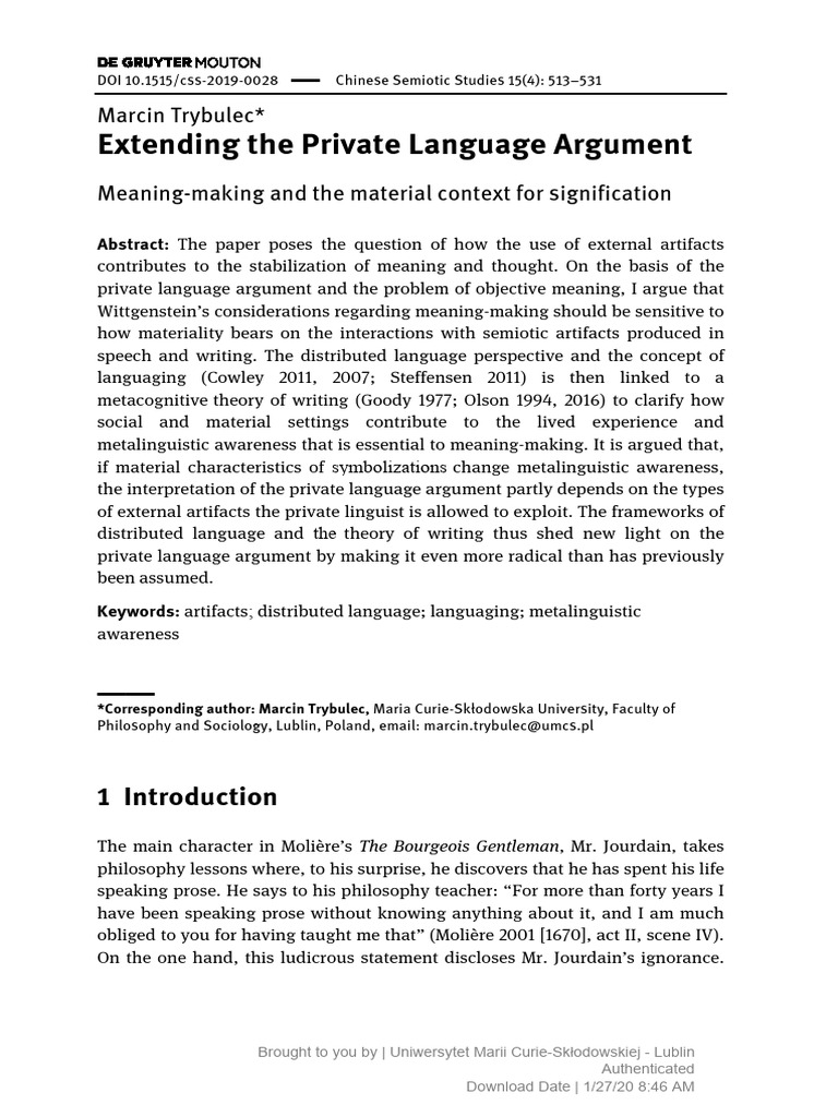 Extending Wittgenstein's Private Language Argument | PDF | Linguistics ...