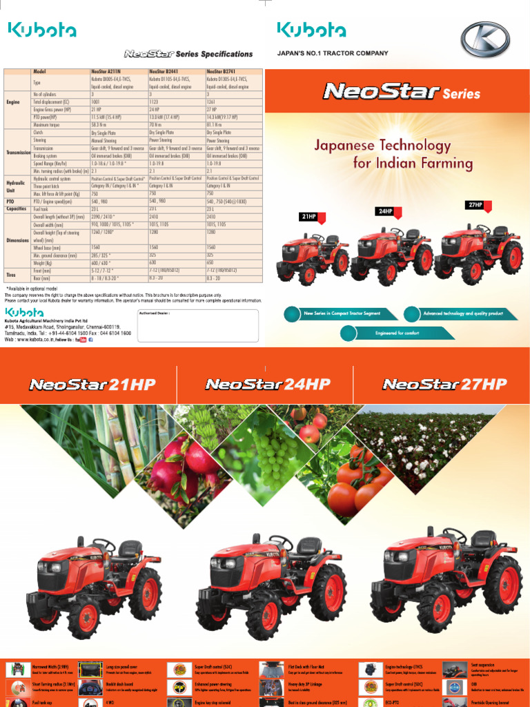 Kubota NeoStar B2441 & B2741 Specs | PDF | Horsepower | Steering