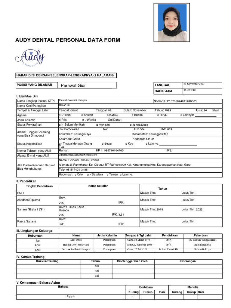 Audy Dental Personal Data Form - Fauziah Noviani Hamapia | PDF