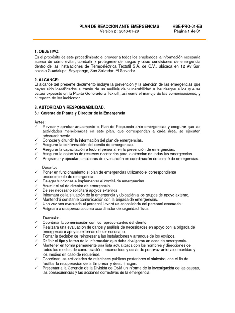 Hse-pro-01-Es - Plan de Respuesta Ante Emergencias Planta Generadora ...