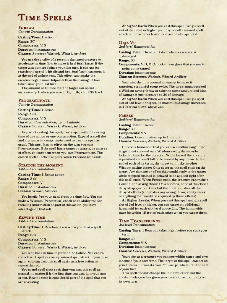 5e Spells - Time Spells - The Homebrewery | PDF | Magician (Fantasy ...