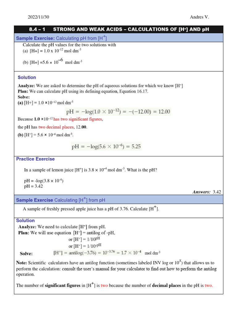 8.4 - 1 Strong and Weak Acids (H+) and PH Calculations | PDF | Ph | Acid