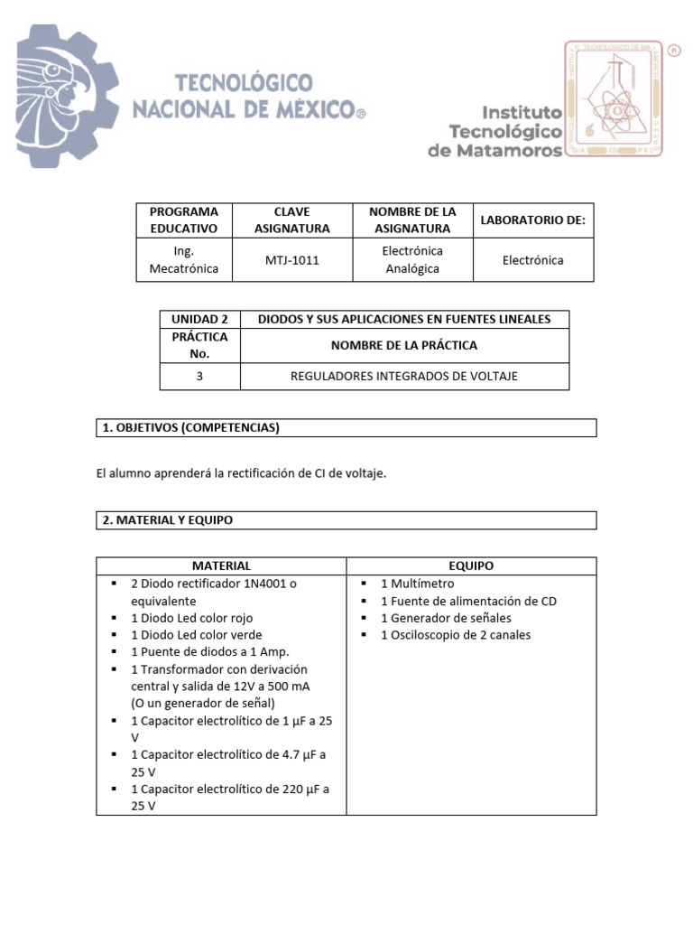 Práctica 3 U2 Reguladores Integrados de Voltaje Electrónica Analógica IMCT | PDF | Electrónica ...