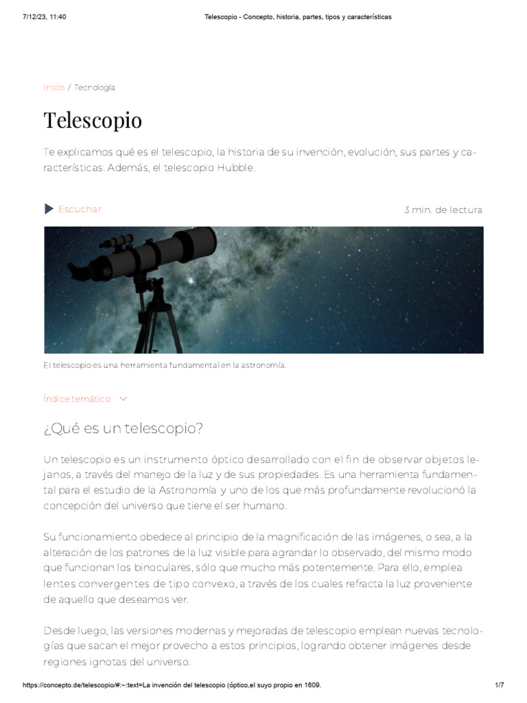 Telescopio - Concepto, Historia, Partes, Tipos y Características | PDF ...