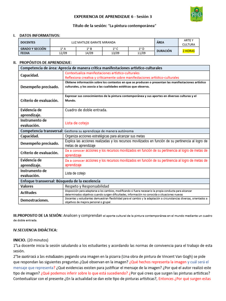 Sesion - ARTE Y CULTURA Con Los Procedimientos de La PTC | PDF ...