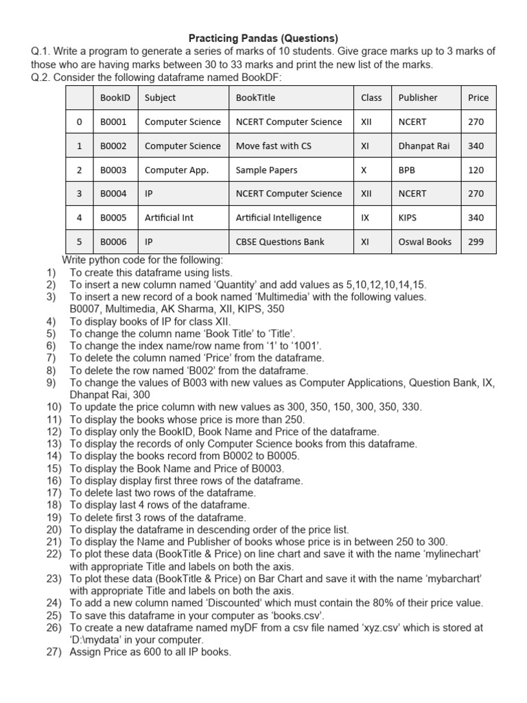 Practicing Pandas (Questions Only) | PDF | Boolean Data Type | Software Practicing Pandas (Questions Only) | PDF | Boolean Data Type | Software