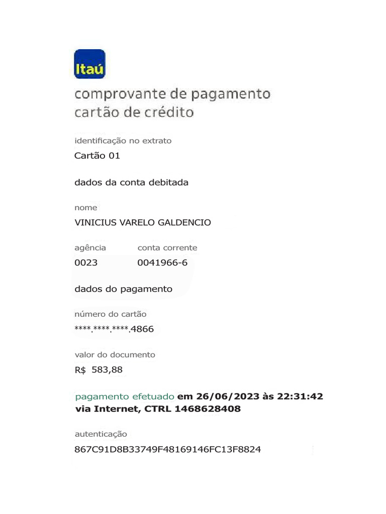 Comprovante de Pagamento Cartão de Credito | PDF