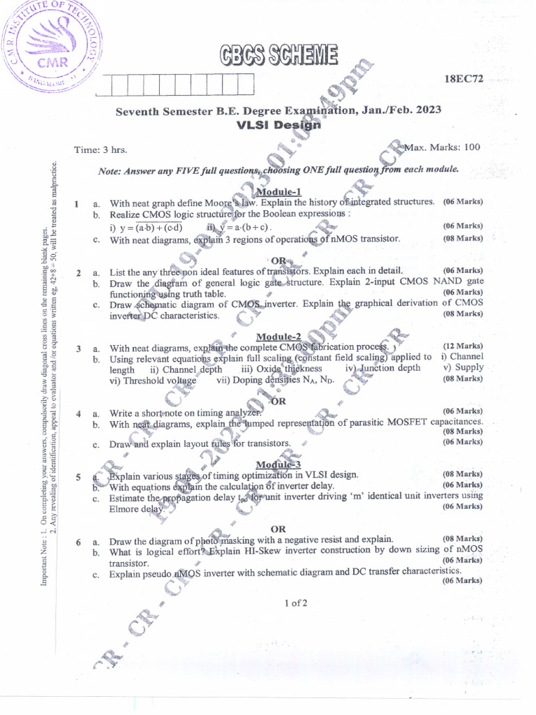 VTU Question Paper of 18EC72 VLSI Design Jan-Feb-2023 | PDF