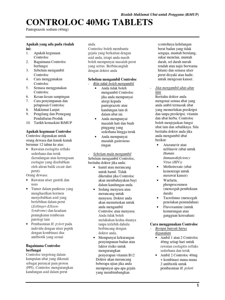 Controloc 40mg Tablet Pantoprazole Takeda SDN BHD 6oct2017 BM-1 | PDF