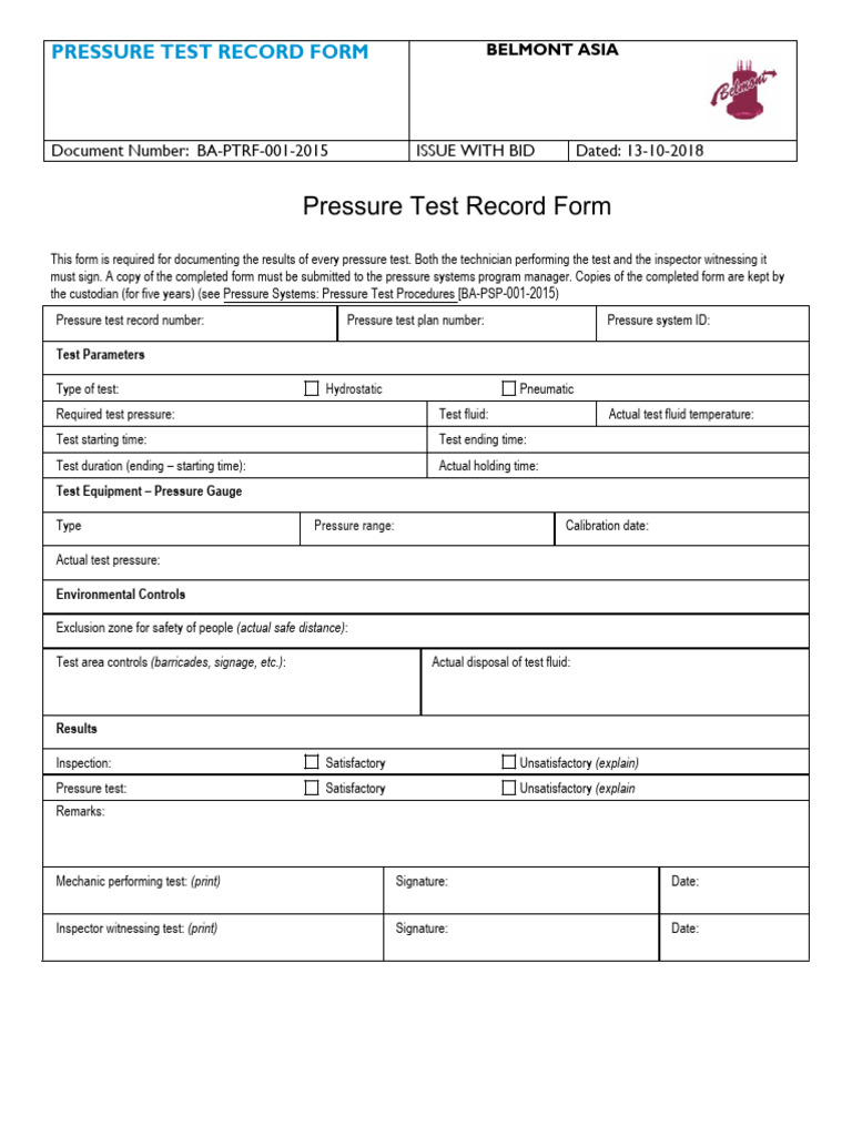 Pressure Test Record Form | PDF
