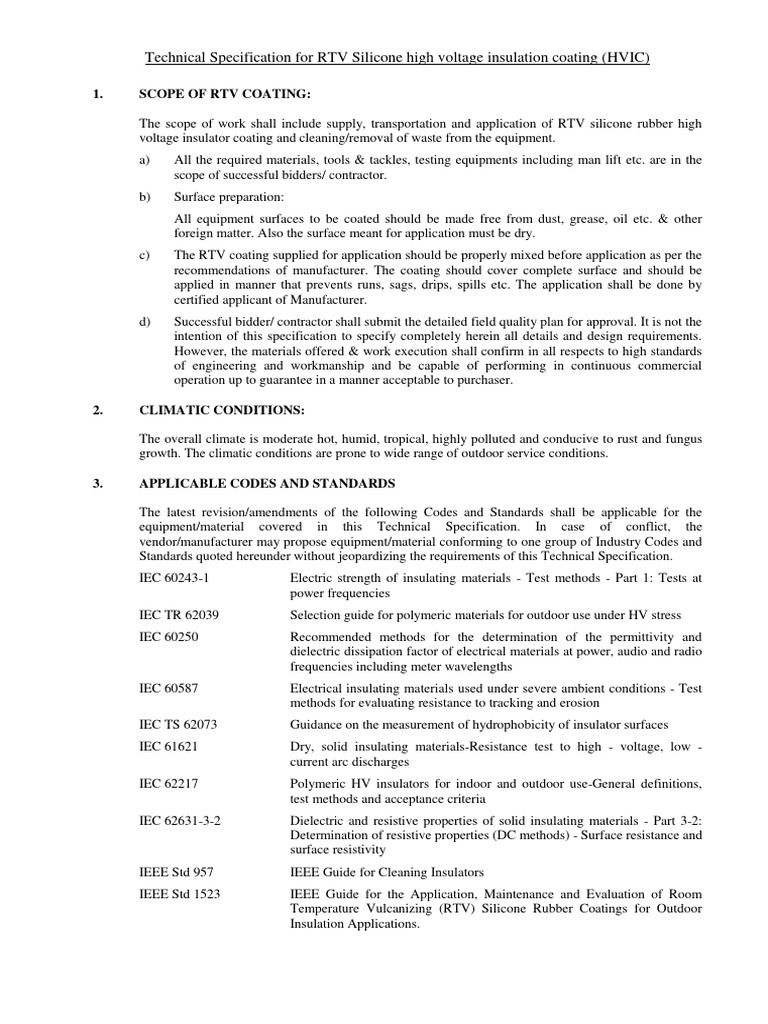RTV Silicone HV Insulation Coating Specs | PDF | Insulator (Electricity ...