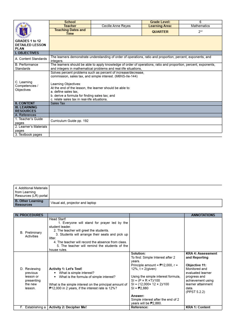 Sales Tax Lesson Plan for Grade 6 | PDF | Taxes | Learning